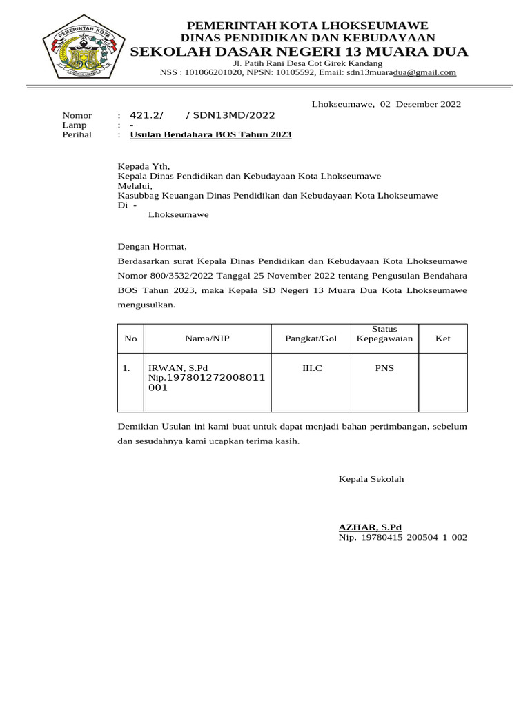 Surat Usulan Bendahara | PDF