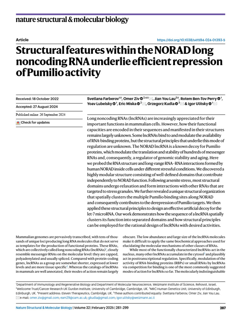 Structural Features Within The NORAD Long Noncoding RNA Underlie Efficient Repression of Pumilio ...