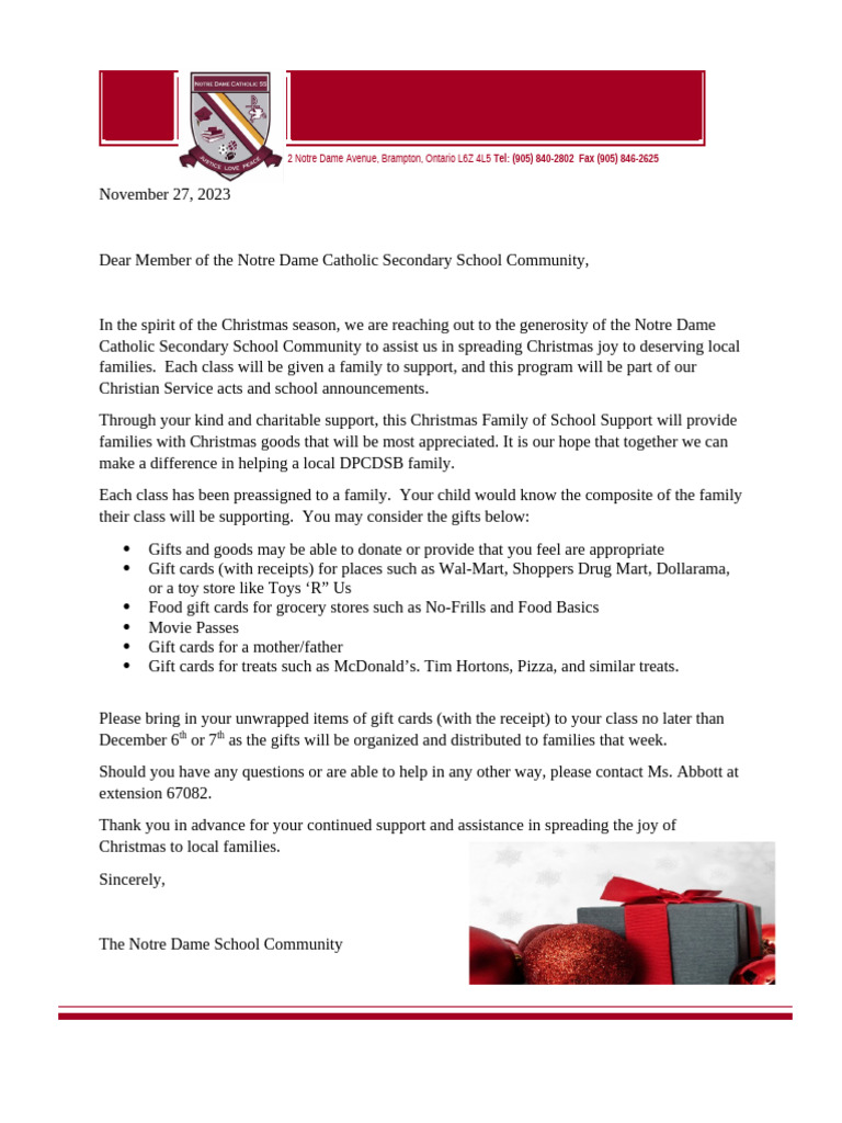 Notre Dame Christmas Family Support Program | PDF