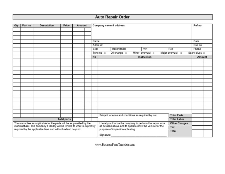 Auto Repair Order Template | PDF