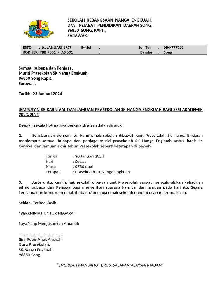 surat Jemputan Karnibal Prasekolah Ibubapa 2024 Prasekolah | PDF