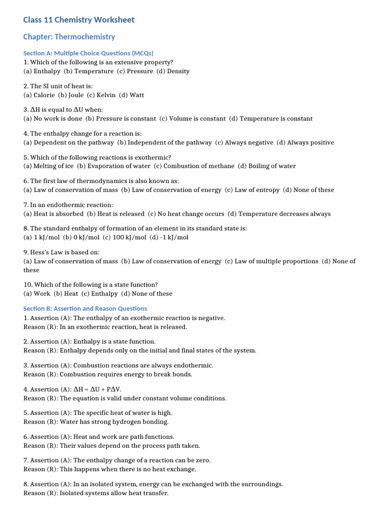 Thermochemistry Worksheet Class 11 | PDF | Enthalpy | Heat