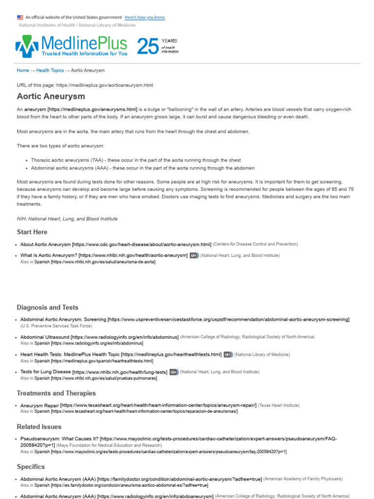Aortic Aneurysm - MedlinePlus | PDF | Interventional Radiology | Aorta