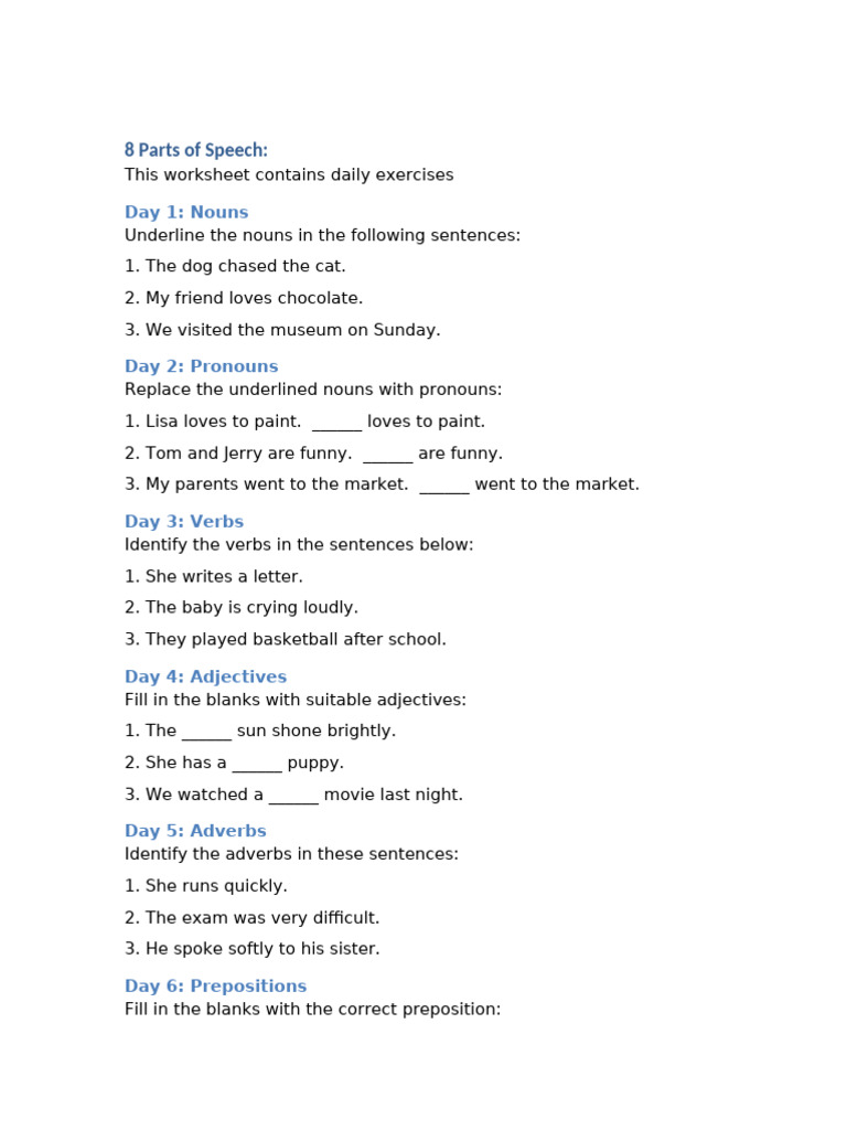 8 Parts of Speech Worksheet | PDF