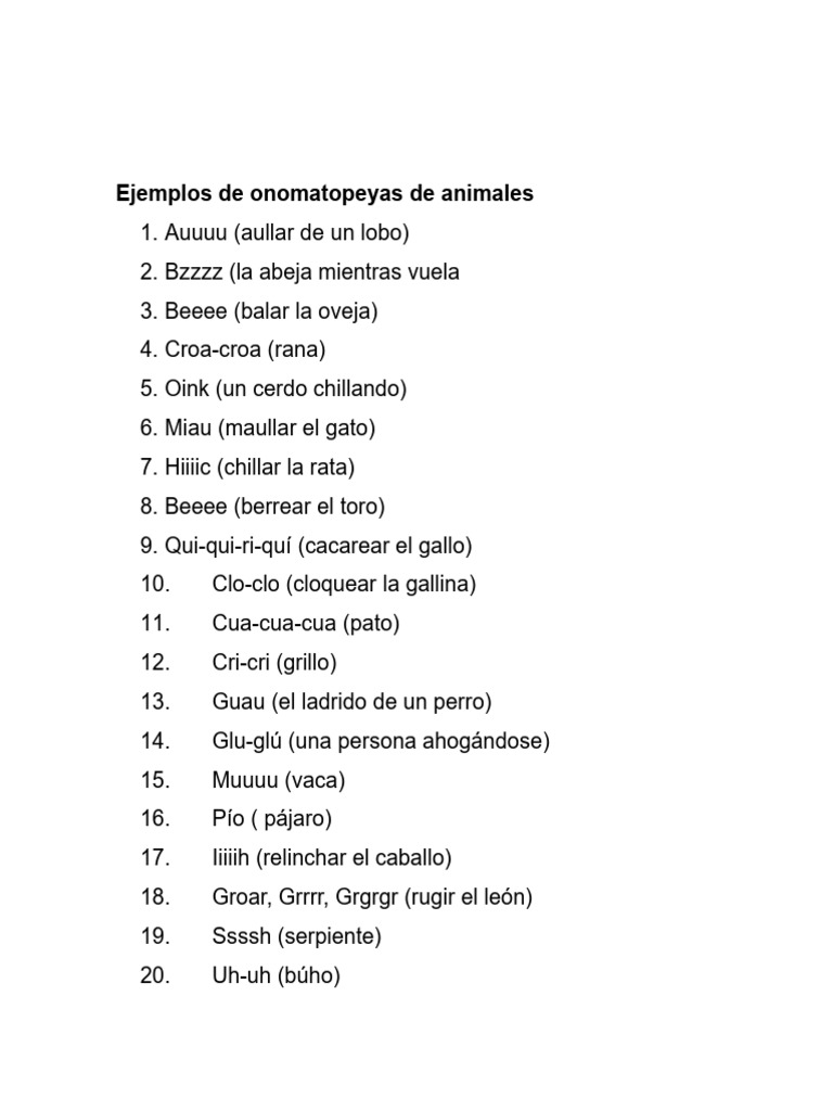 Onomatopeyas de Animales: Ejemplos | PDF