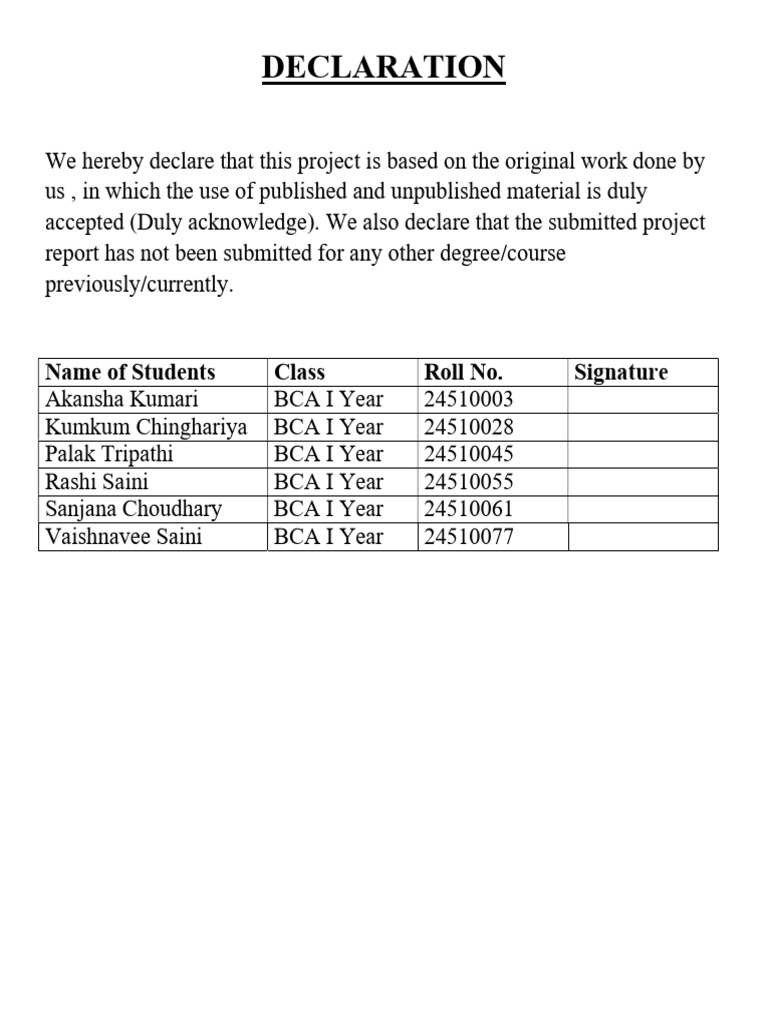 Project Declaration for BCA Students | PDF