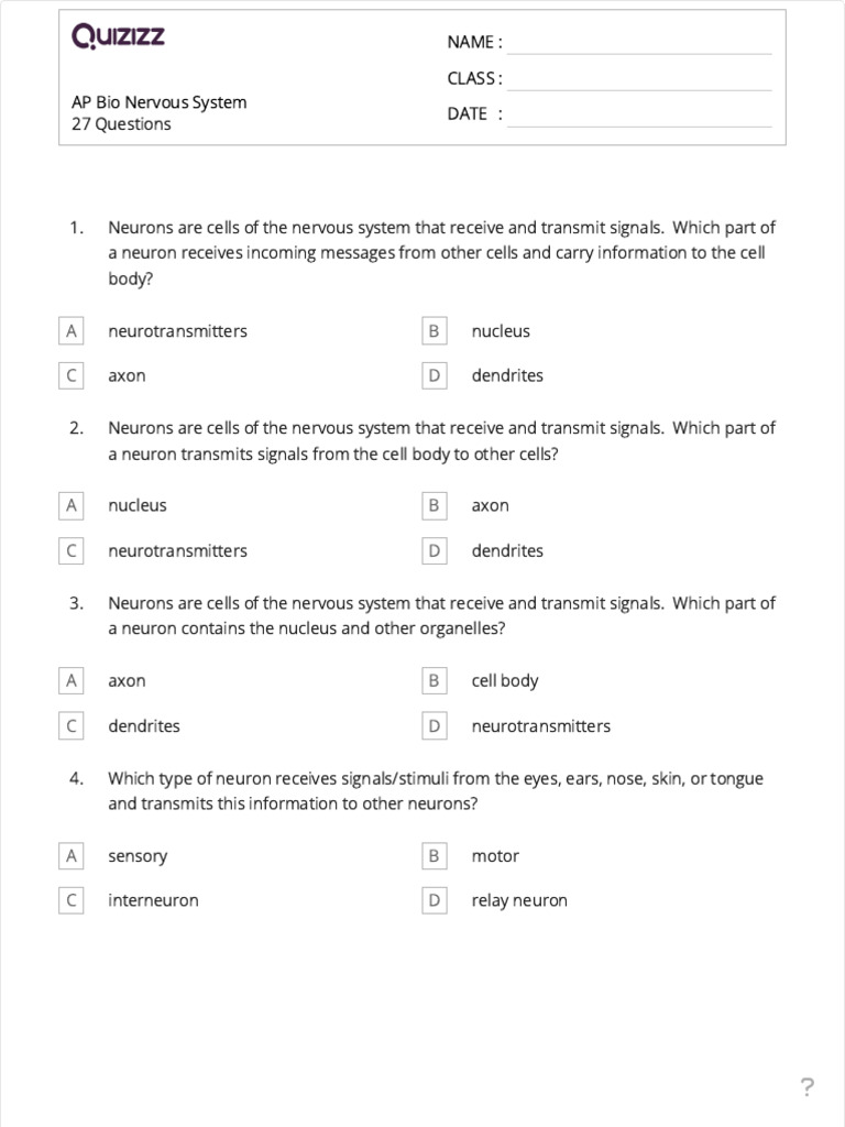 AP Bio Nervous System (Quizziz) | PDF | Chemical Synapse | Neuron