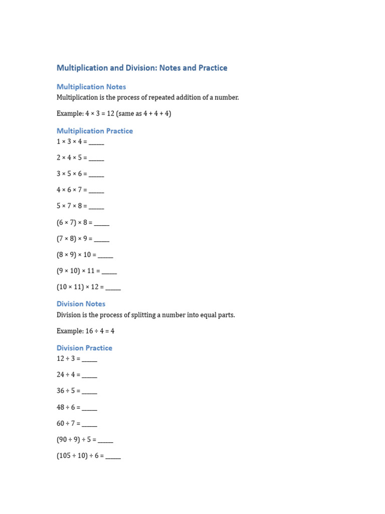 Multiplication and Division Practice Notes | PDF