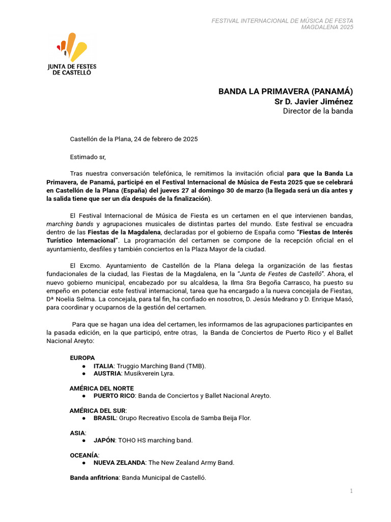 FIMF - Invitación A Banda La Primavera - PANAMÁ | PDF