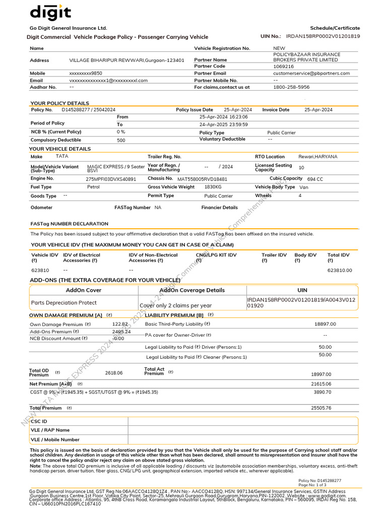 Digit Passenger Vehicle Insurance Policy | PDF | Insurance | Business Law