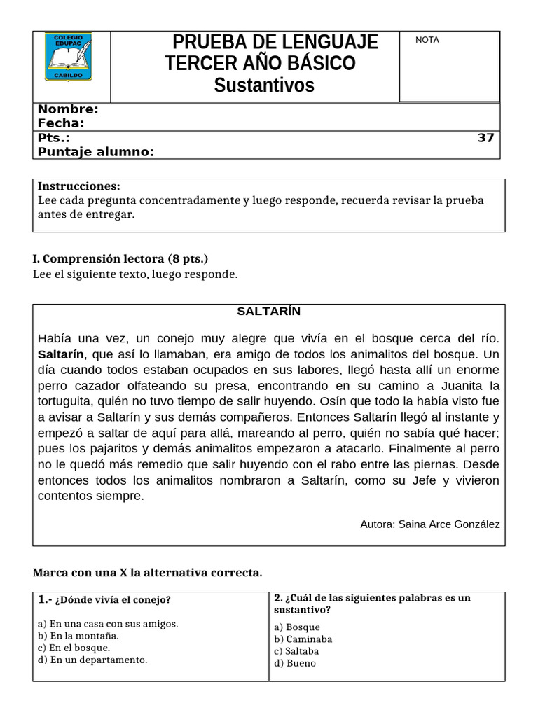 Prueba de Sustantivos | PDF