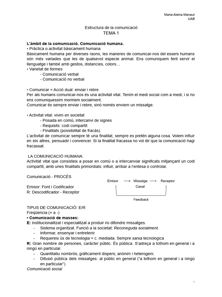 ESTRUCTURA de La Comunicació TEMA 1 | PDF
