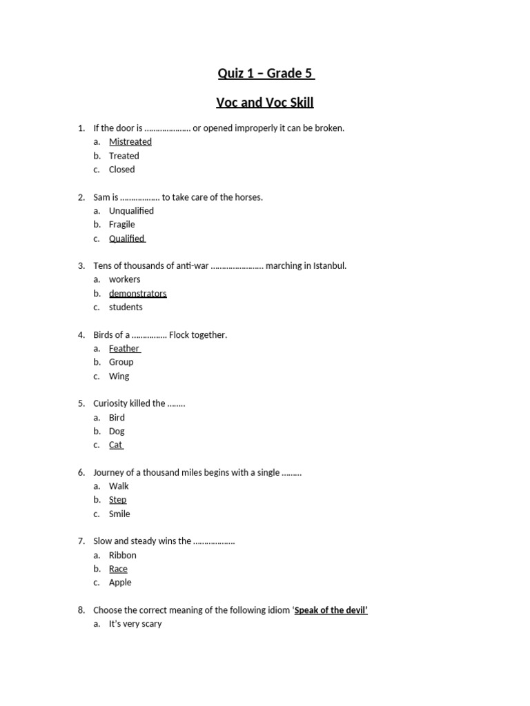 Quiz 1 - Grade 5 - Voc Skill | PDF