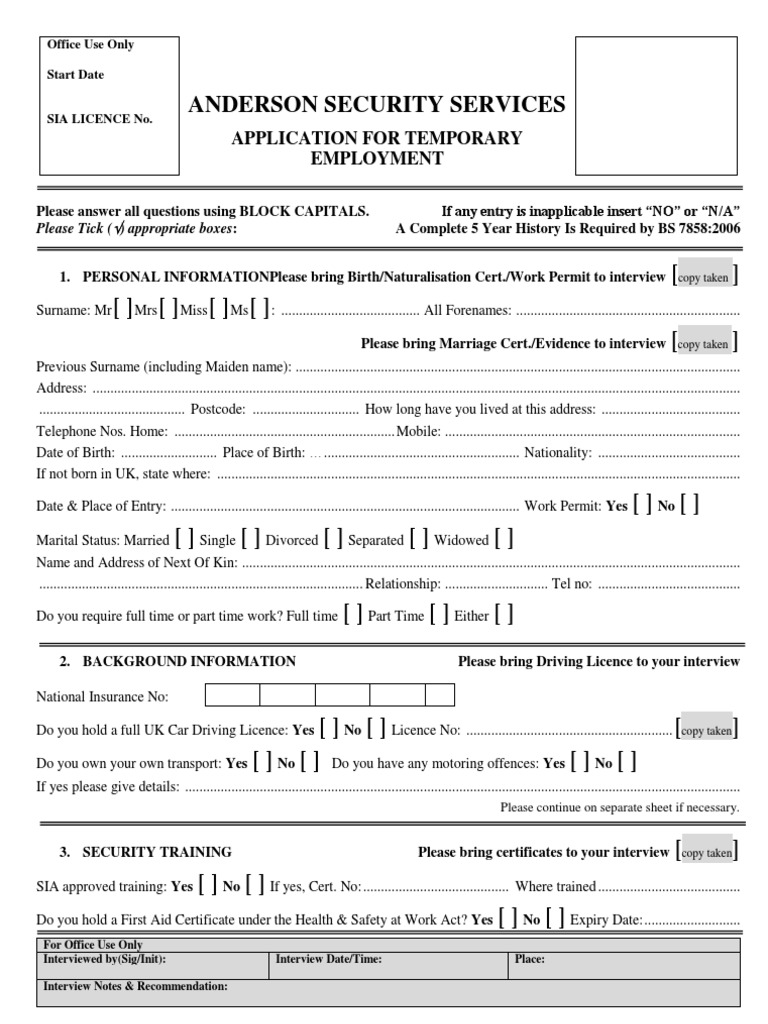 Anderson Security Services: Application For Temporary Employment | PDF ...