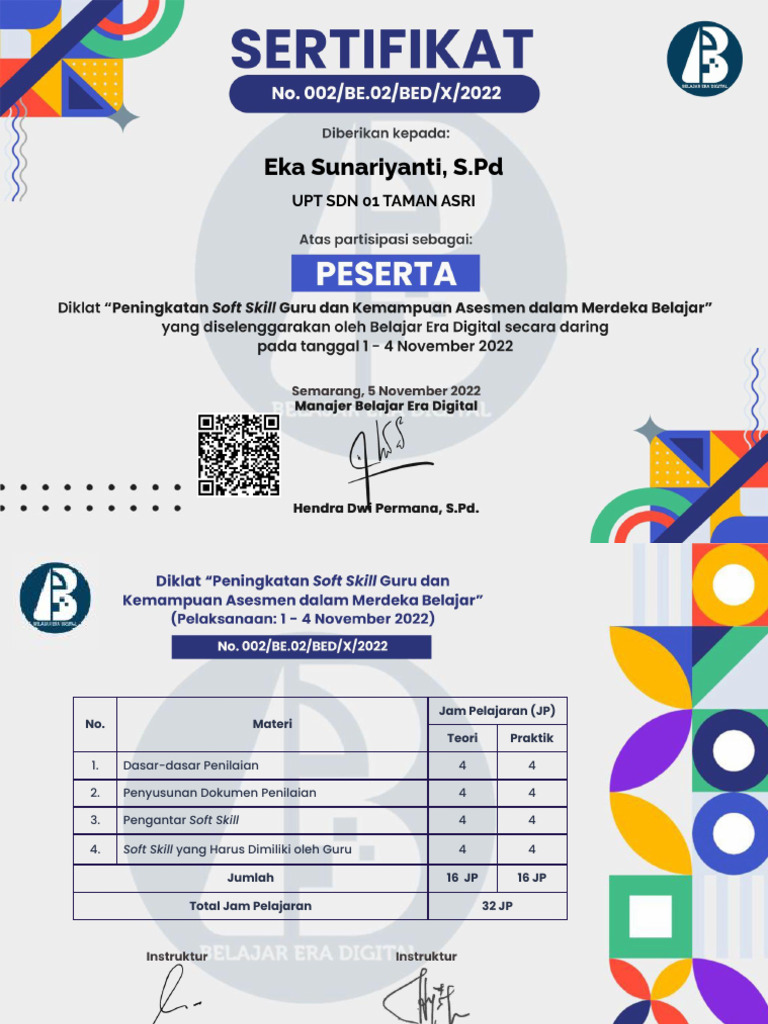 Eka Sunariyanti, S.Pd - UPT SDN 01 TAMAN ASRI - Sertifikat Diklat 32JP Peningkatan Soft Skill ...