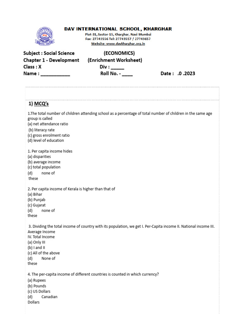 Economics Development Worksheet | PDF | Income | Poverty