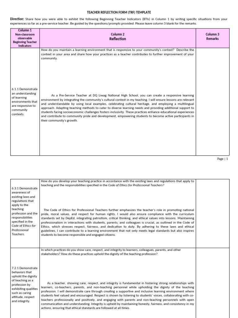 Teacher-Reflection-Form-1 | PDF | Teachers | Integrity