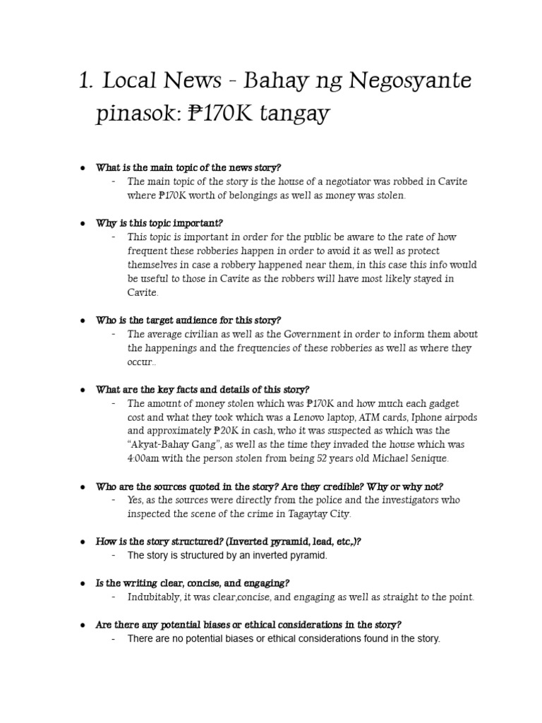Local News - Bahay NG Negosyante Pinasok - 170K Tangay | PDF | Deviance ...