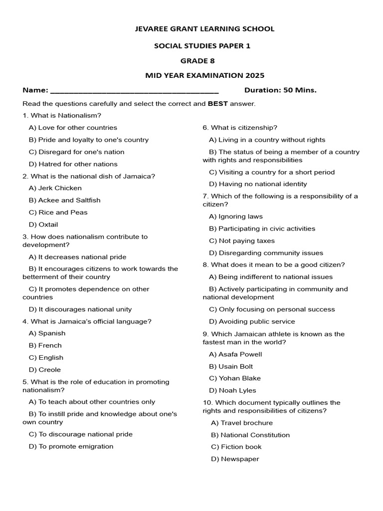 Grade 8 Social Studies Exam 2025 | PDF | Communication | Nonverbal ...