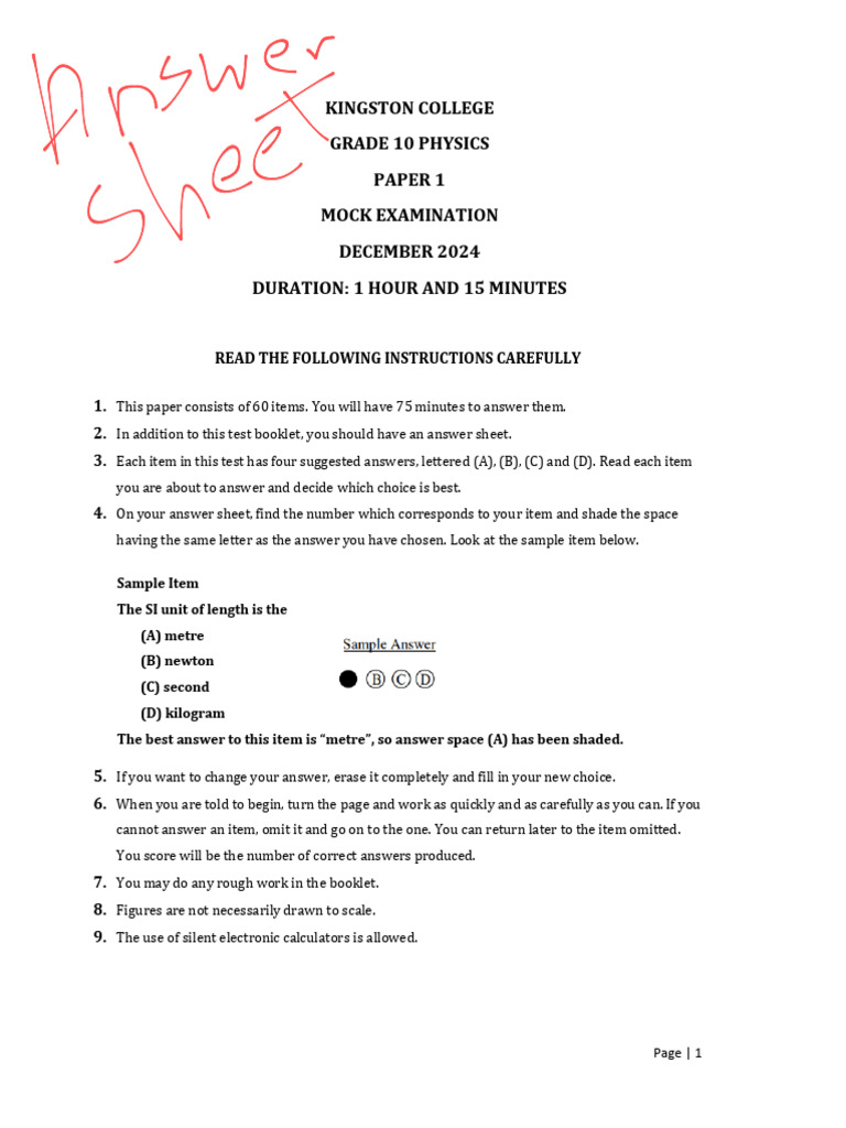 Grade 10 Physics Mock Exam 2024 | PDF | Force | Weight