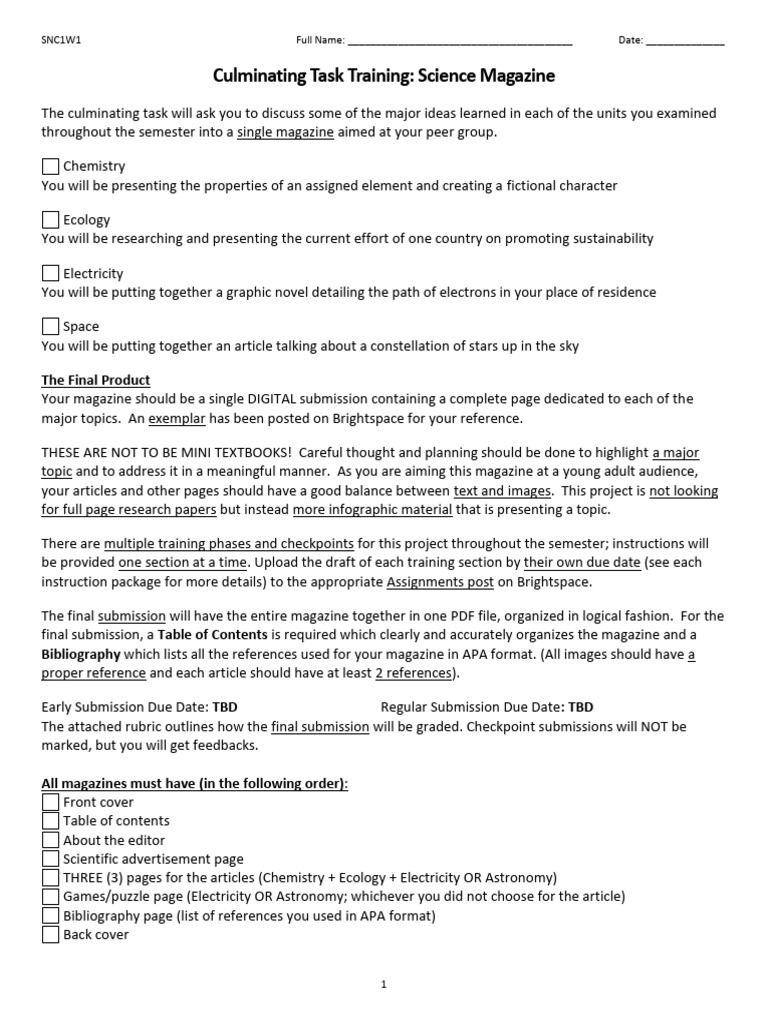 SNC1W1-24 - CulmTask - Part 1 - 2024S | PDF | Chemical Elements | Atoms