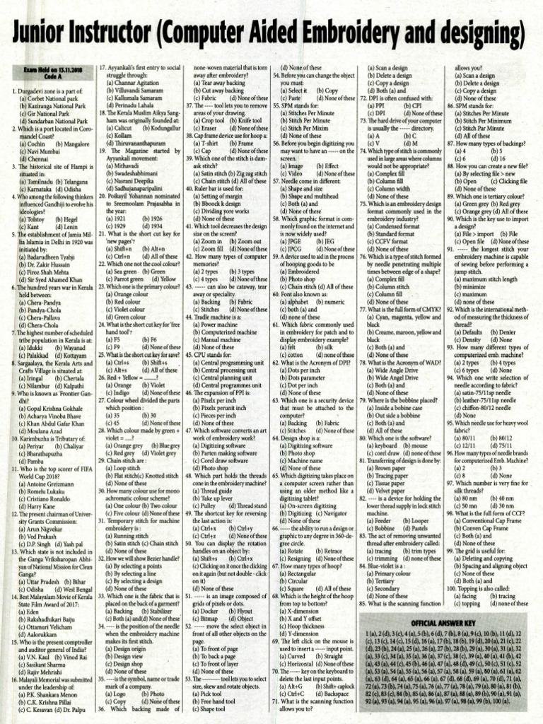 Solved Paper - Junior Instructor (Computer Aided Embroidery and ...