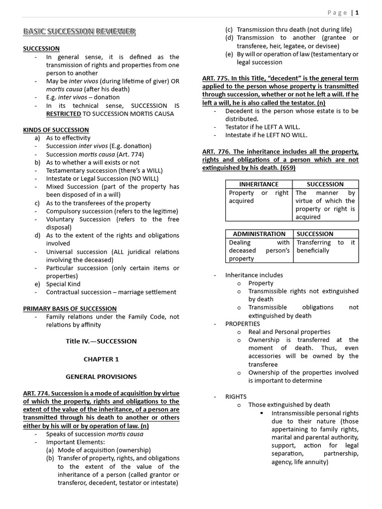 Basic Succession Reviewer | PDF | Will And Testament | Inheritance
