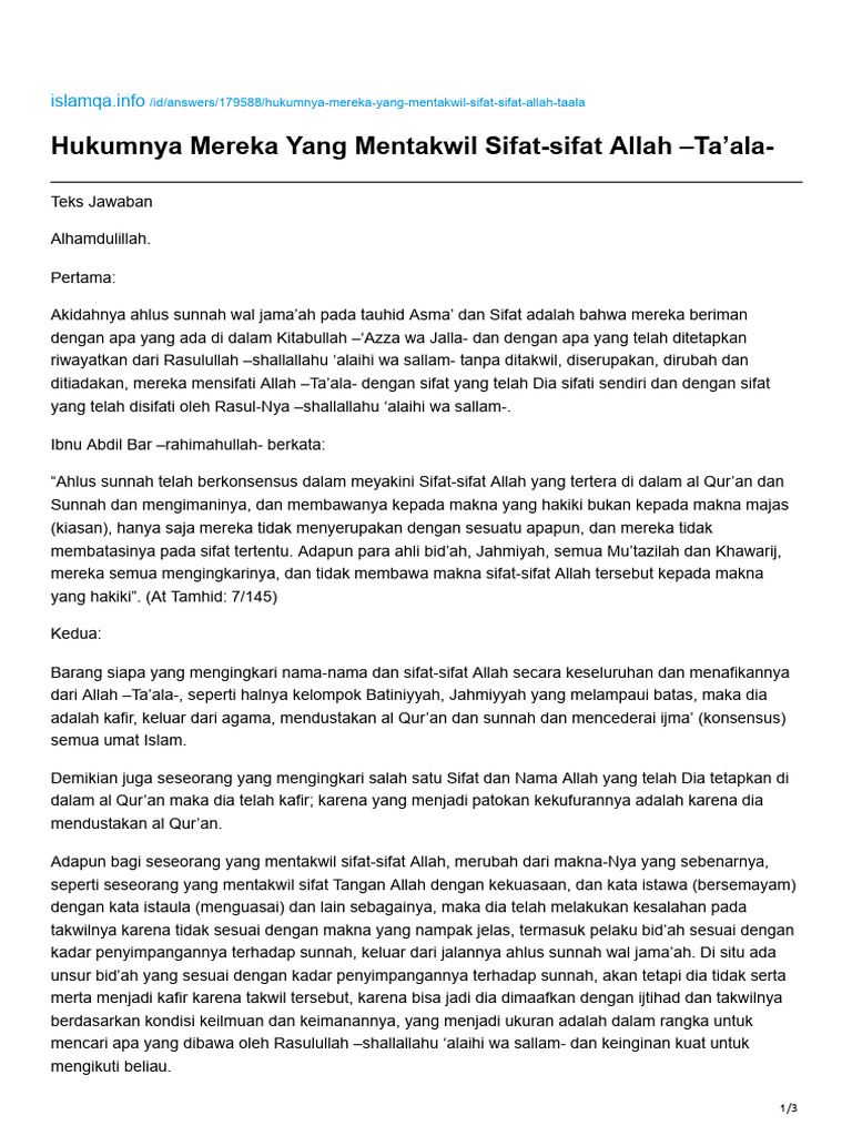 Islamqa - Info-Hukumnya Mereka Yang Mentakwil Sifat-Sifat Allah Taala | PDF