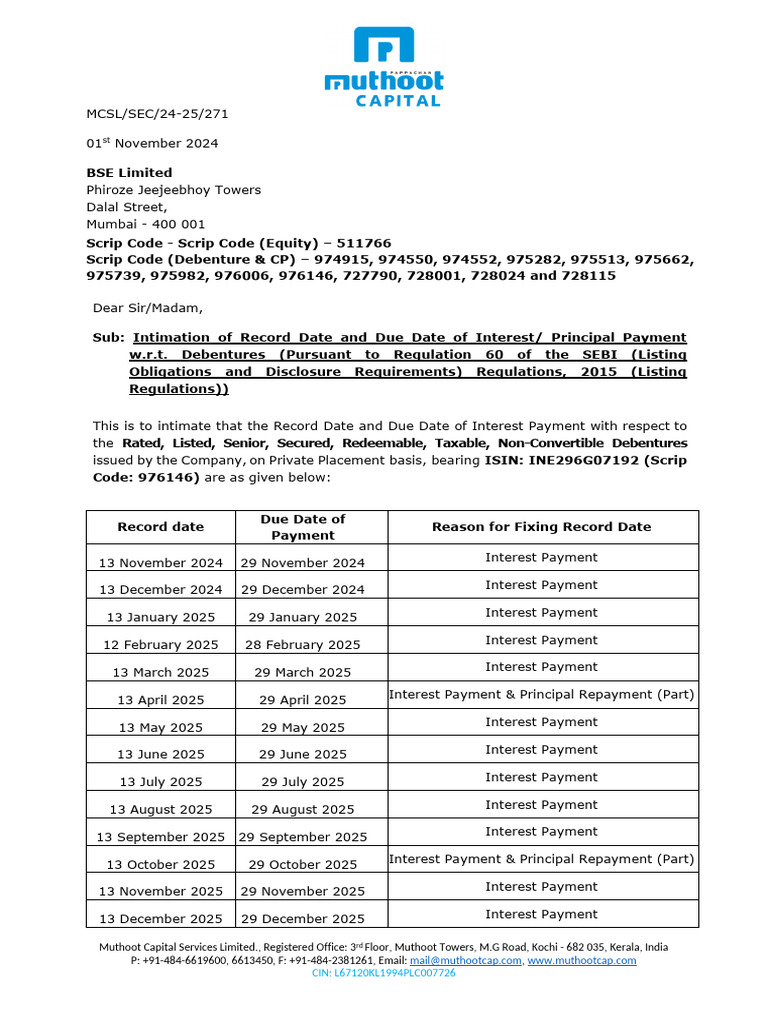 Muthoot - 7192 - Record Date | PDF | Securities (Finance) | Investments & Securities
