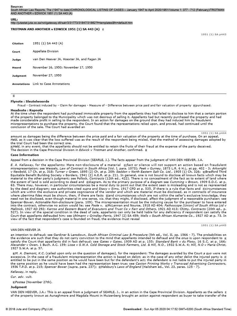 TROTMAN AND ANOTHER V EDWICK 1951 (1) SA 443 (A) | PDF ...