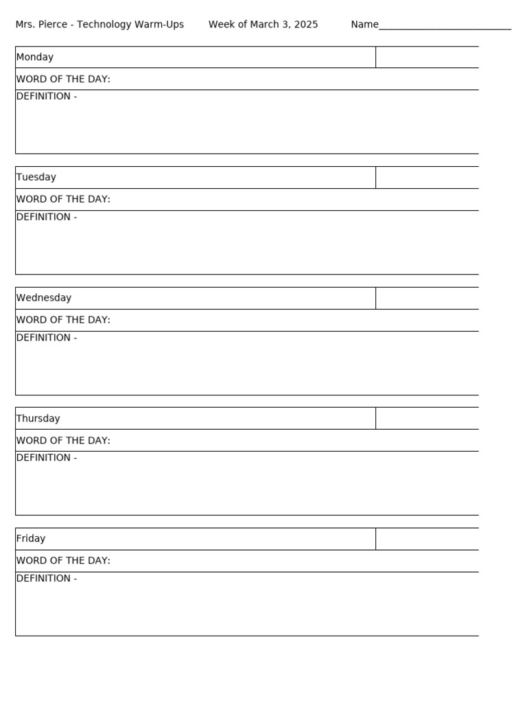 Weekly Warm-Ups - Words of The Week | PDF