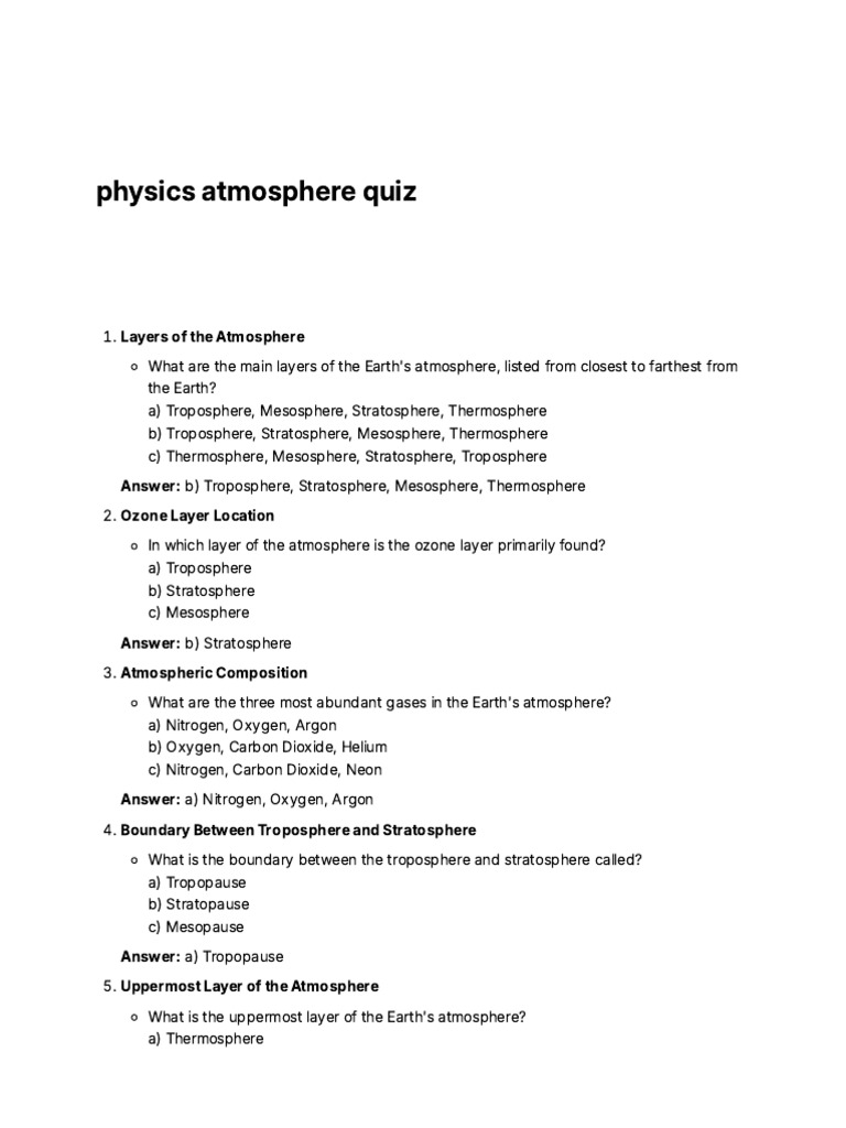 Earth’s Atmosphere Quiz: Key Concepts | PDF