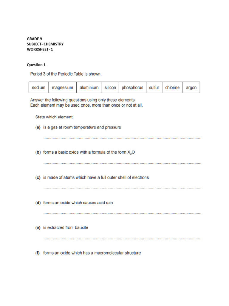 Grade 9 Chemistry Worksheet 1 | PDF