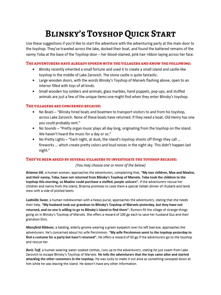 Blinsky's Toyshop - Quick Start | PDF