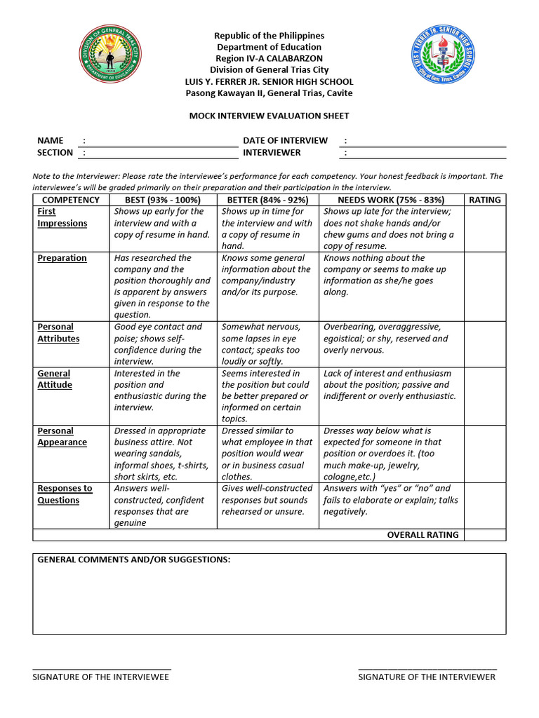 Mock Interview Evaluation Sheet | PDF | Clothing