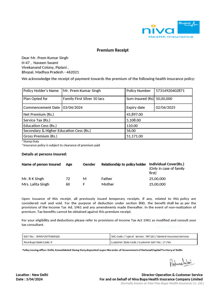 Medical Insurance Premium Receipt Family | PDF | Taxes | Insurance