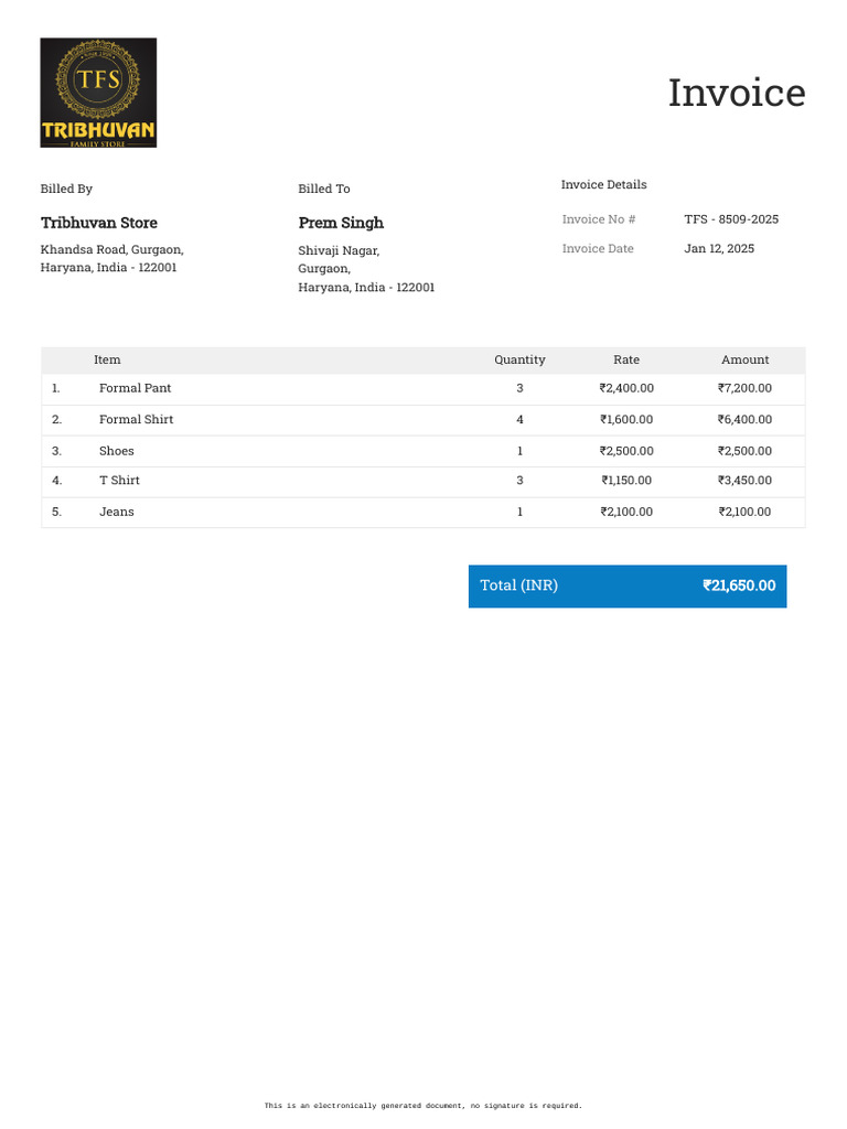 Invoice Tfs 8509 2025 Tribhuvan Store Prem Singh | PDF