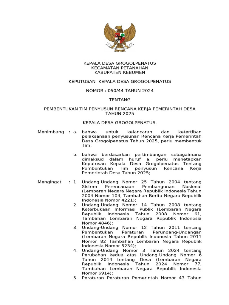 SK No 44 Tim Penyusun RKPDesa THN 2025 TGL 1 Agust 2024 | PDF