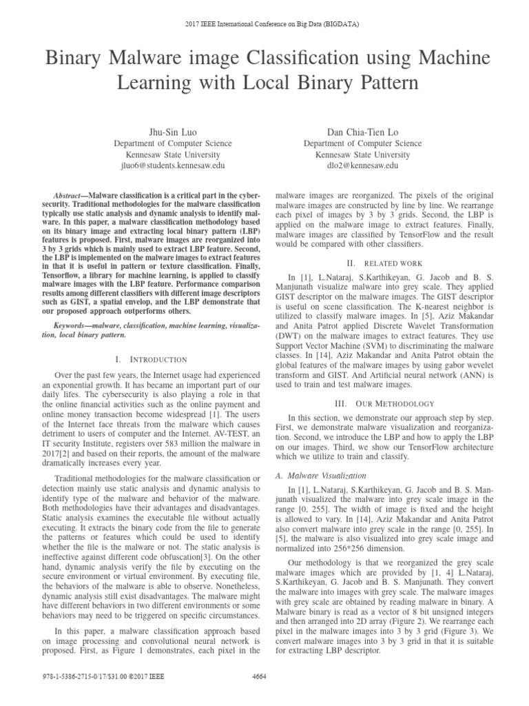 BIGDATA IEEE EXPLORE Binary Malware Image Classification Using Machine Learning With Local ...