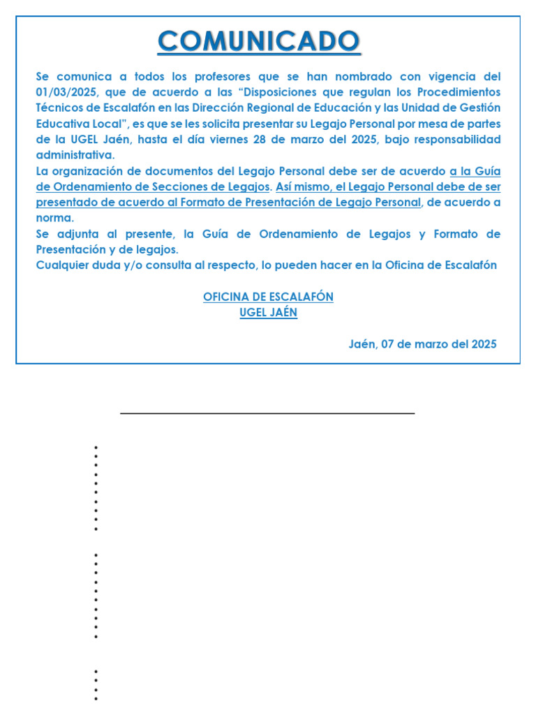 Comunicado - Guia de Ordenamiento de Legajos y Formato de Presentación de Legajo Personal | PDF