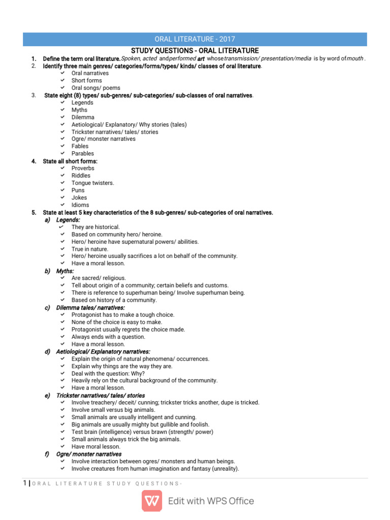 Types and Characteristics of Oral Literature | PDF | Poetry | Narrative
