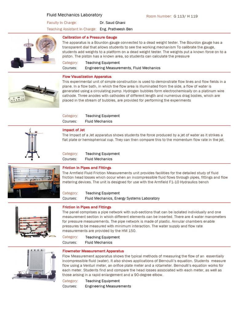Fluid Mechanics Lab Equipment Overview | PDF | Flow Measurement | Vortices