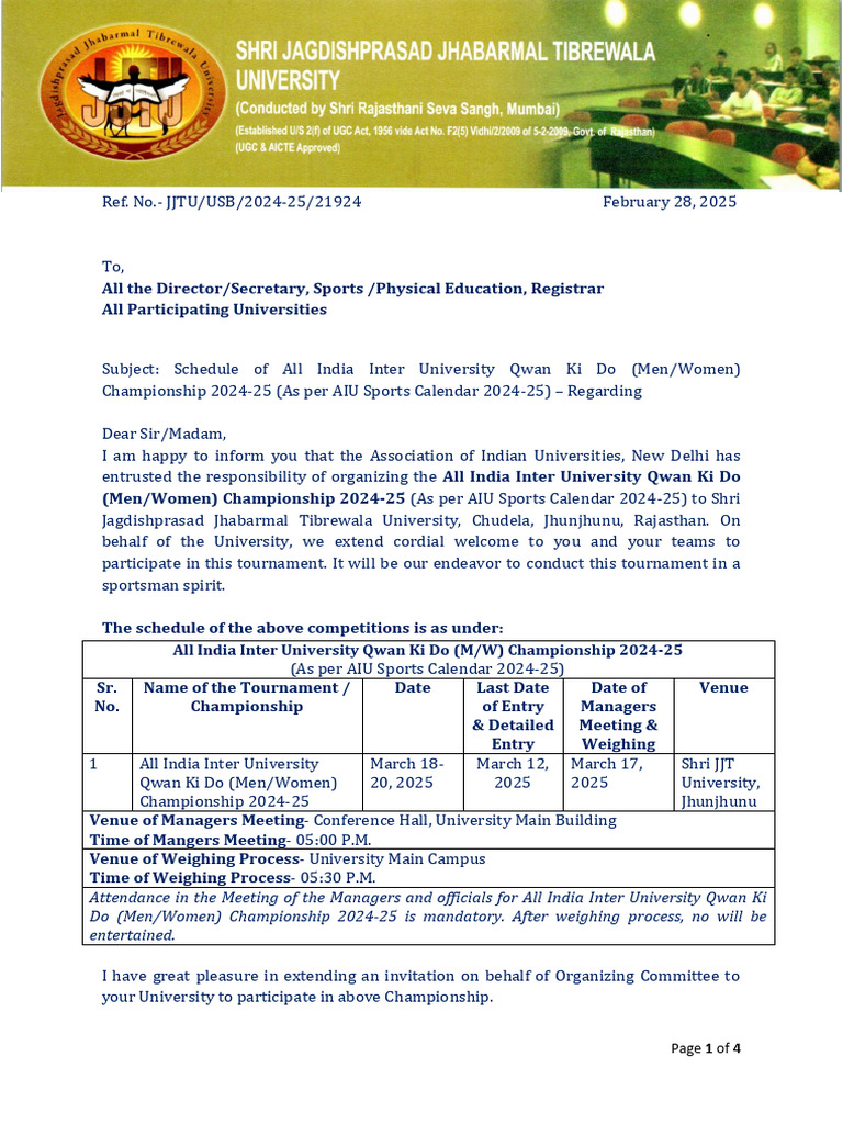 Invitation Letter - All India Inter University Qwan Ki Do (M&W ...