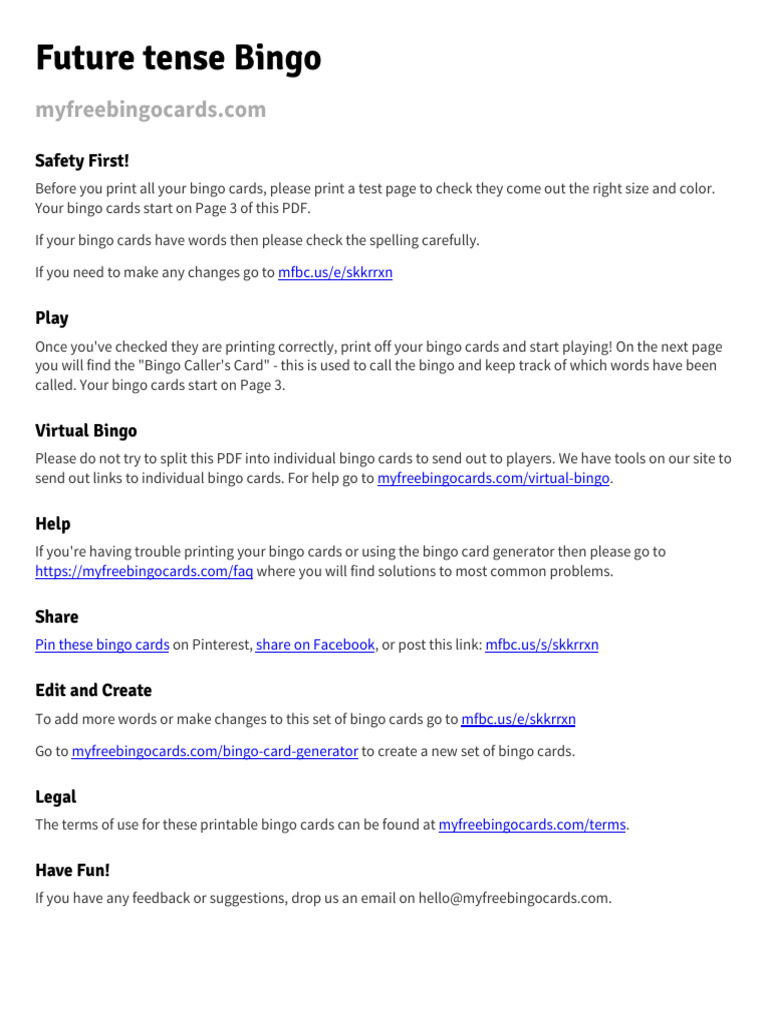 Future Tense Bingo Cards | PDF | Gambling | Gaming