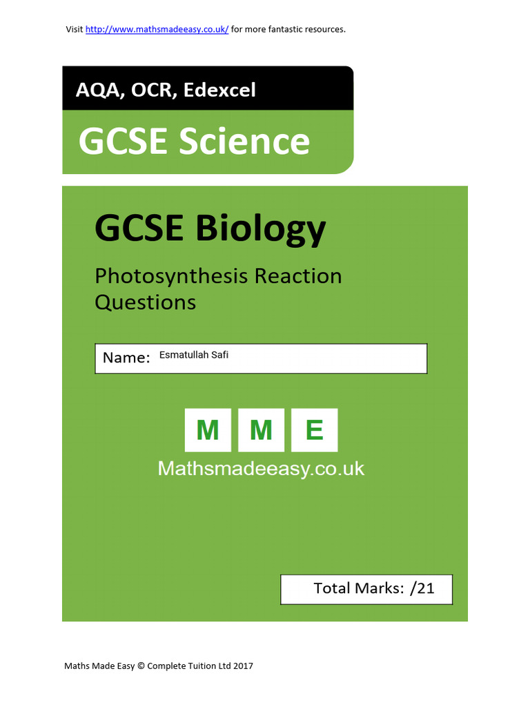 4.4.1.1 GCSE Biology. AQA OCR EDEXCEL Photosynthesis Reaction Questions ...