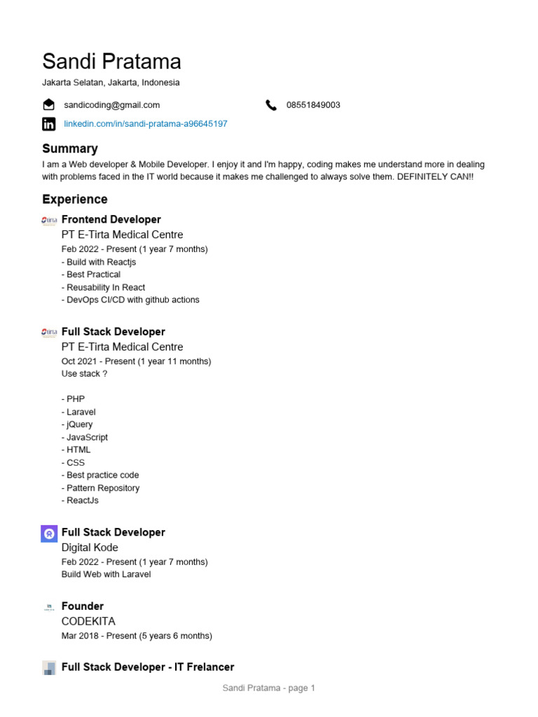 Sandi Pratama: Full Stack Developer Profile | PDF | Internet | Java Script
