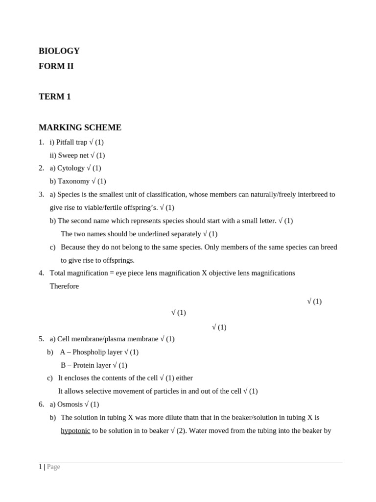 Biology Form II Marking Scheme | PDF | Blood | Leaf