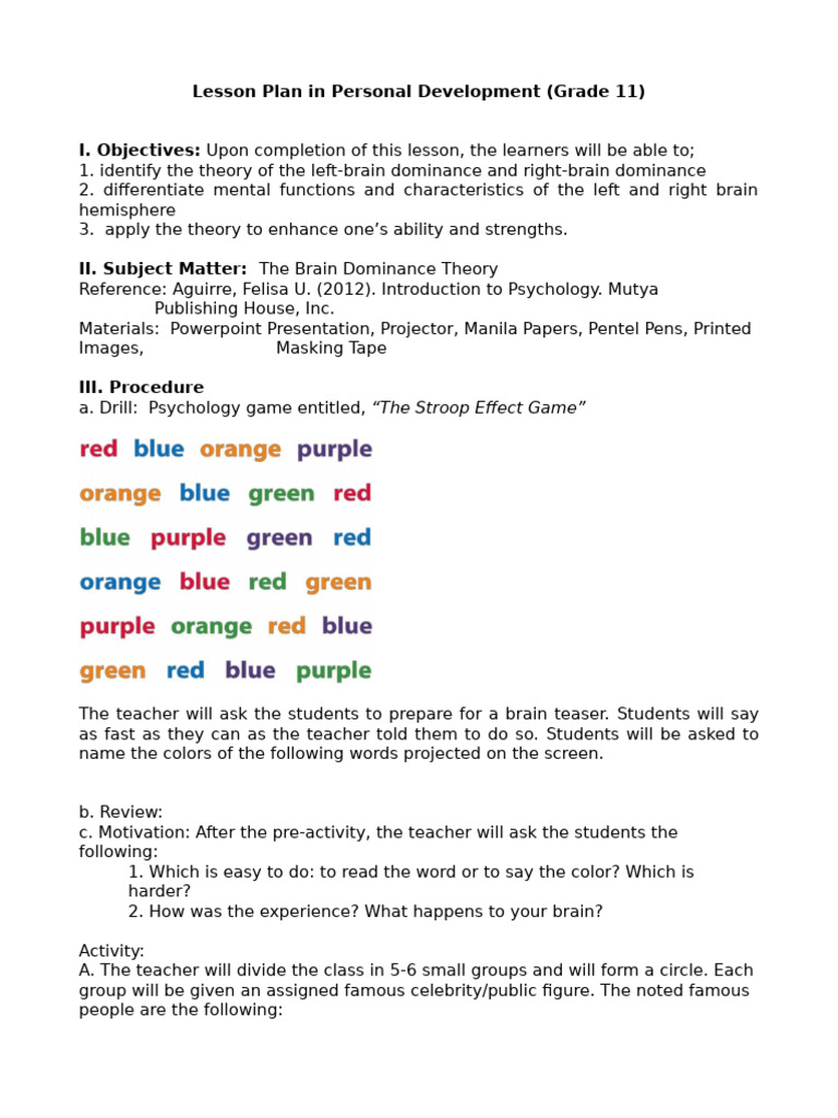 Toaz - Info Lesson Plan Senior High PR | PDF | Lateralization Of Brain ...