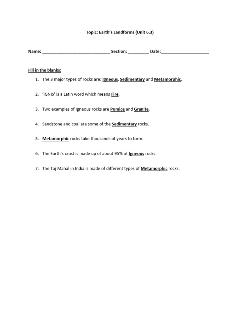 Metamorphic Rocks Worksheet Answers | PDF