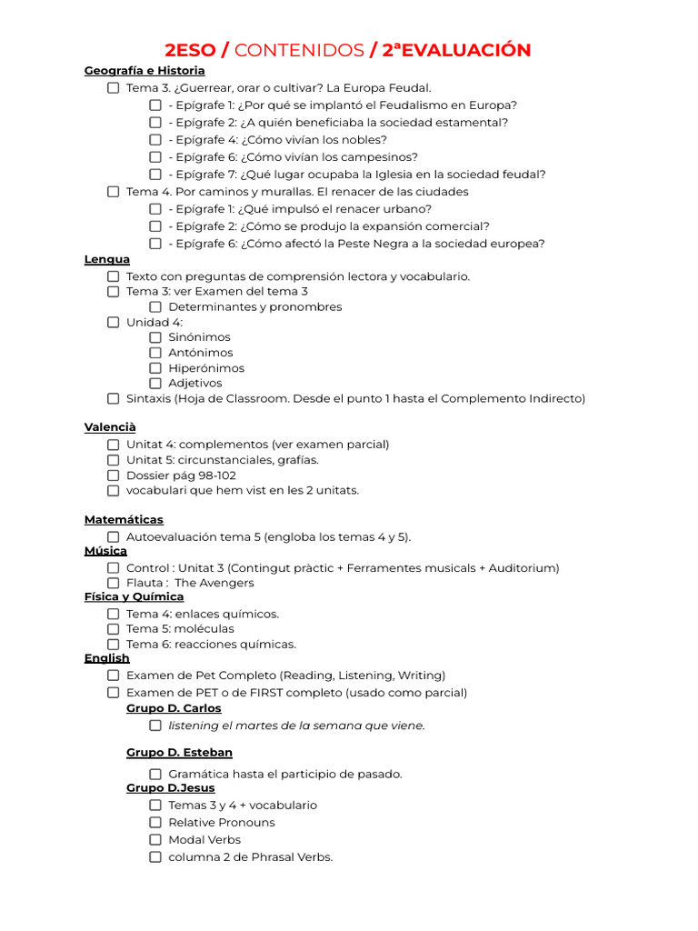 Contenidos 2ESO Exámenes 2 EVA 24-25 | PDF